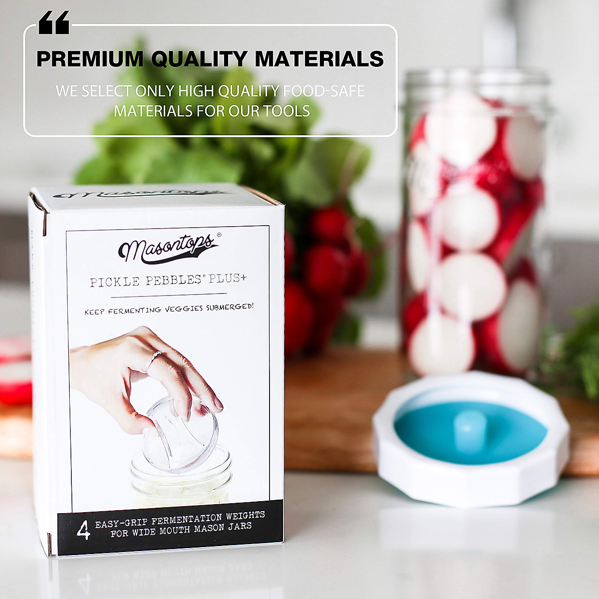 Masontops 8 PC Pickle Pebbles Glass Weight & Pickle Pipe Airlocks Kits - Large Wide Mouth Lid - For Pickling & Canning