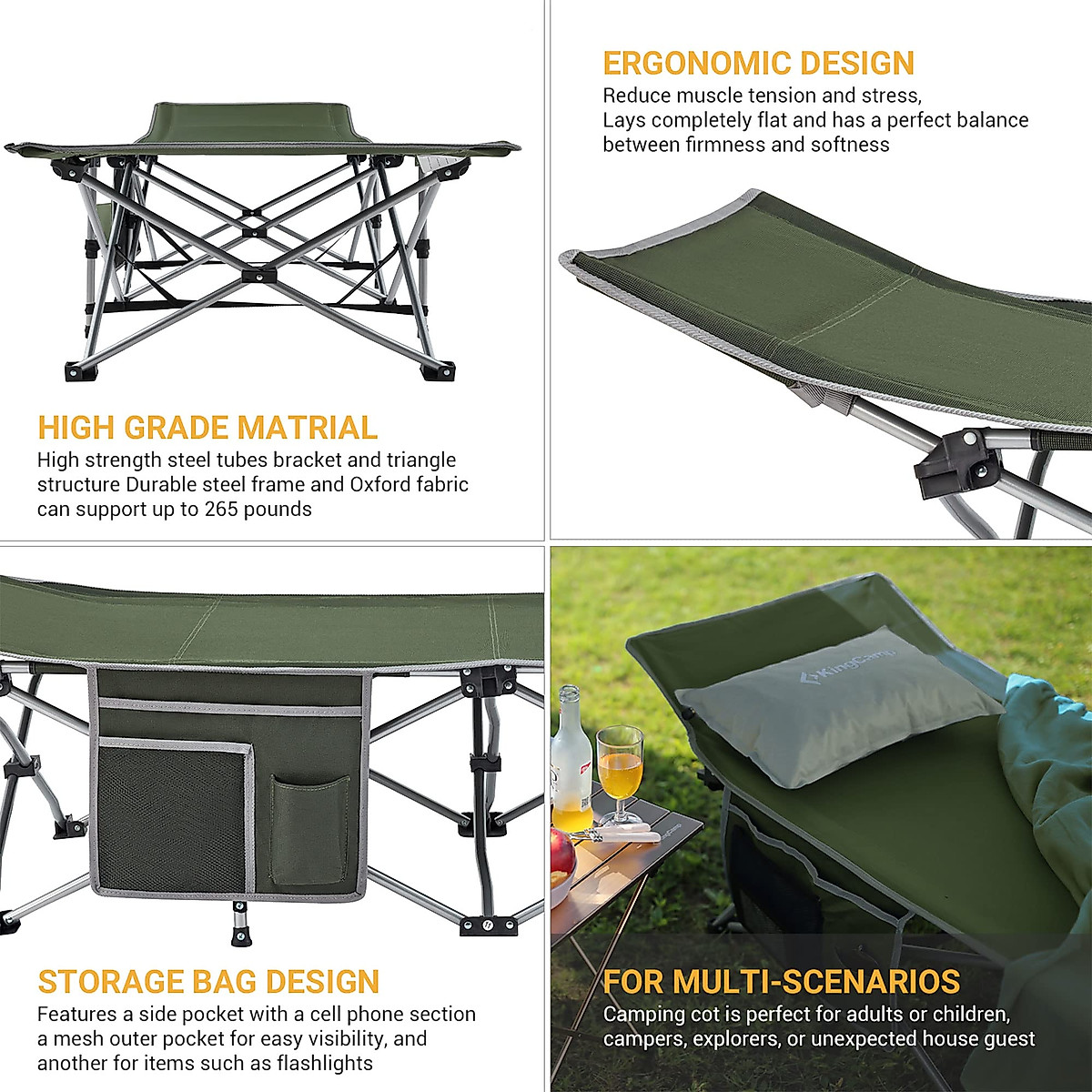 KingCamp Camping Cot Heavy Duty Camping Cots for Adults Oversized Portable Folding Sleeping Cot for Travel Outdoors Vacation Home Office Nap Camping Bed Cots
