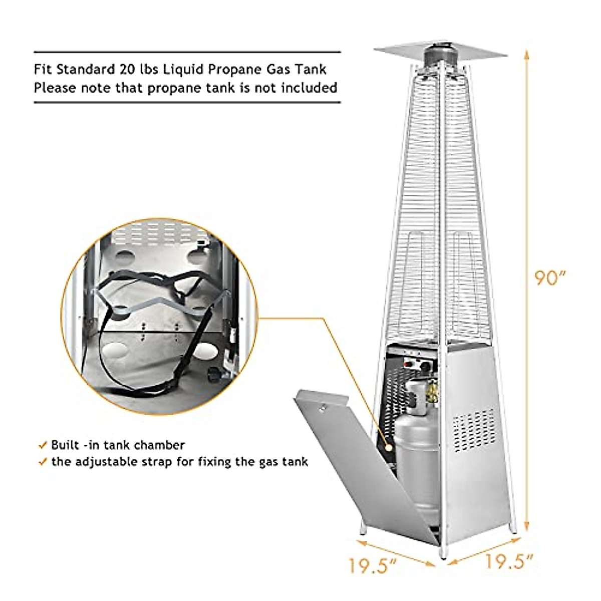 Tangkula 90-inch Outdoor Patio Heater, 42000 BTU Portable Pyramid Propane Heater with Wheels, Quartz Glass Tube, Auto Shut Off Protection, Stainless Steel Outdoor Heater for Backyard, Garden