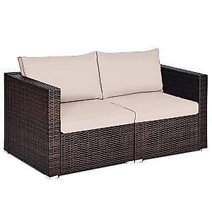 Tangkula 4 PCS Outdoor Wicker Corner Sofa Set, Patio Rattan Loveseat w/Removable Cushions, Sectional Sofa Set Additional Seats for Balcony Patio Garden Poolside (Brown)
