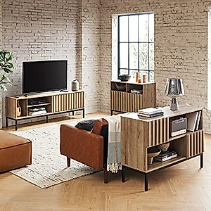 mopio Norwin Storage Cabinet, Modern Industrial Farmhouse Entryway Accent Buffet Cabinet, Sideboard, with Metal Legs, Storage Shelves, Fluted Panel Doors, & Leveler, for Living Room, Bedroom, Oak