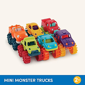 Battat – Plastic Toy Cars – 6-Pack & Storage Bag – Colorful Toddler Trucks – Easy To Clean – 2 Years + – Mini Monster Trucks