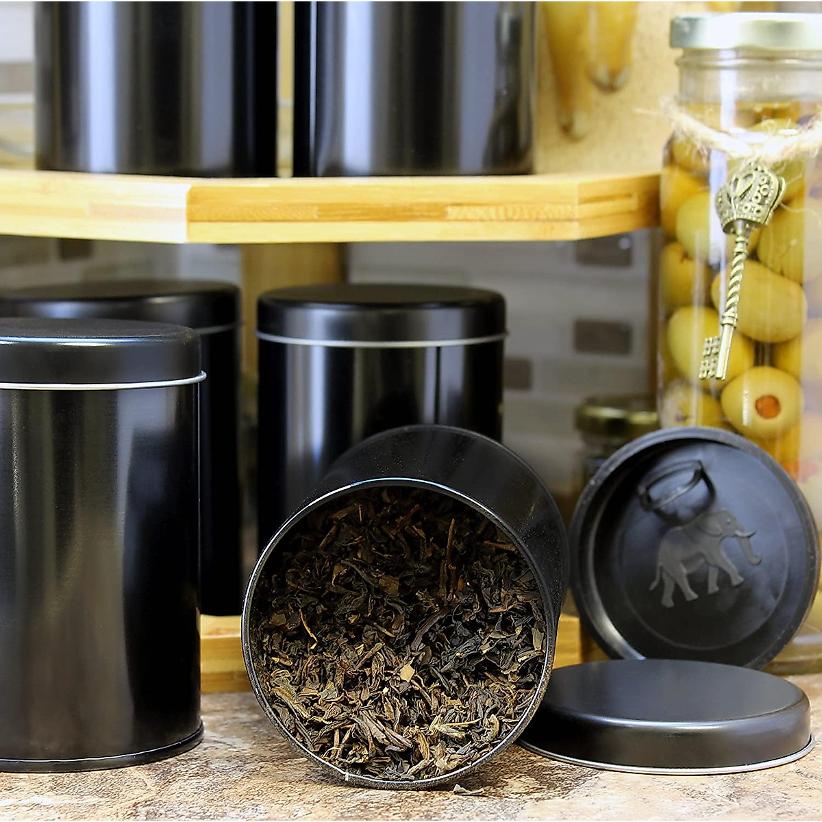 Double Seal Tea Canisters (6-Pack); Black Metal Round Tea Tins w/ Interior Molded Plastic Seal