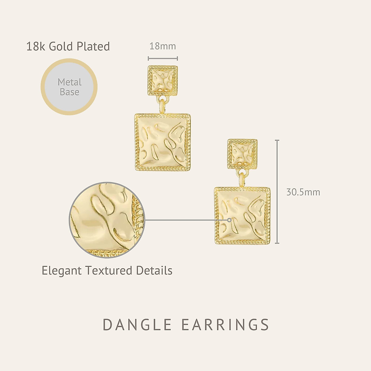 Ettika Gold Earrings. Earrings For Women, 18k Gold Plated Textured Repeated Squares Drop Earrings. Jewelry