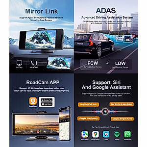 Portable 9.3" Dash Mount Apple CarPlay with 4K Front and Rear 1080P Dash Cam,Wireless Android Auto Car play Screen Stereo for Cars, with Backup Camera/Bluetooth/AUX/FM,Head Unit,Car Audio Receivers