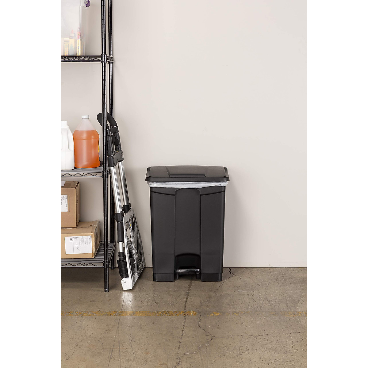 Safco Step-On Indoor Plastic Trash Can for Home & Commercial Use, Hands-Free Disposal, 23 Gallon, Black