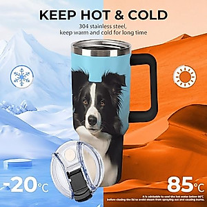 LLUTSNTH 40 Oz Vacuum Tumbler with Black Handle Leakproof Insulated Tumbler Border Collie Stainless Steel Travel Mug with Lid And Straw Coffee Cup Cute Water Bottles Cup Holder Friendly
