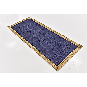 Unique Loom Braided Jute Collection Classic Quality Made Natural Hand Woven with Solid Color Detail, Area Rug, Runner 2' 6" x 6' 0", Navy Blue/Tan