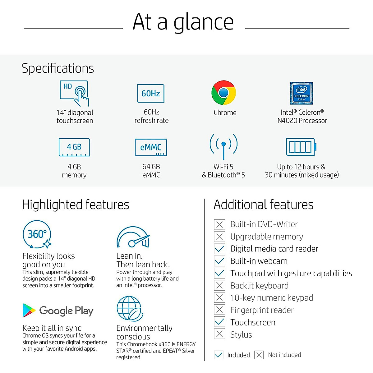 HP Chromebook X360 2-in-1 14" HD Touchscreen Light and Slim Laptop, Intel Celeron N4120 Processor, 4GB RAM, 64 GB eMMC, Webcam, Bluetooth, Wi-Fi, Chrome OS,Teal, w/ELMTech 128GB MicroCard