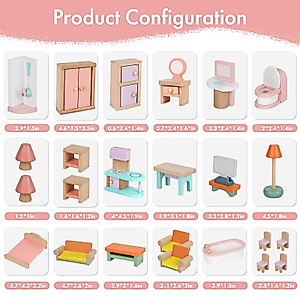 Abellzos Wooden Dollhouse Furniture Set, 24 PCS Miniature Doll House Accessories with Dining Room, Living Room, Bedroom, and Bathroom, Birthday Gift Toys for Toddlers Girls Boys Age 3+