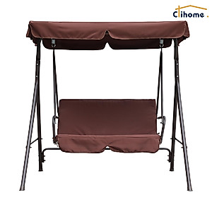 Clihome Porch Swing Chair Outdoor Patio Swing Set 2-Person Swing Chairs for Outside Outdoor Swings for Adults Adjustable Canopy Suitable for Patio, Garden, Poolside, Balcony, Backyard(Brown)