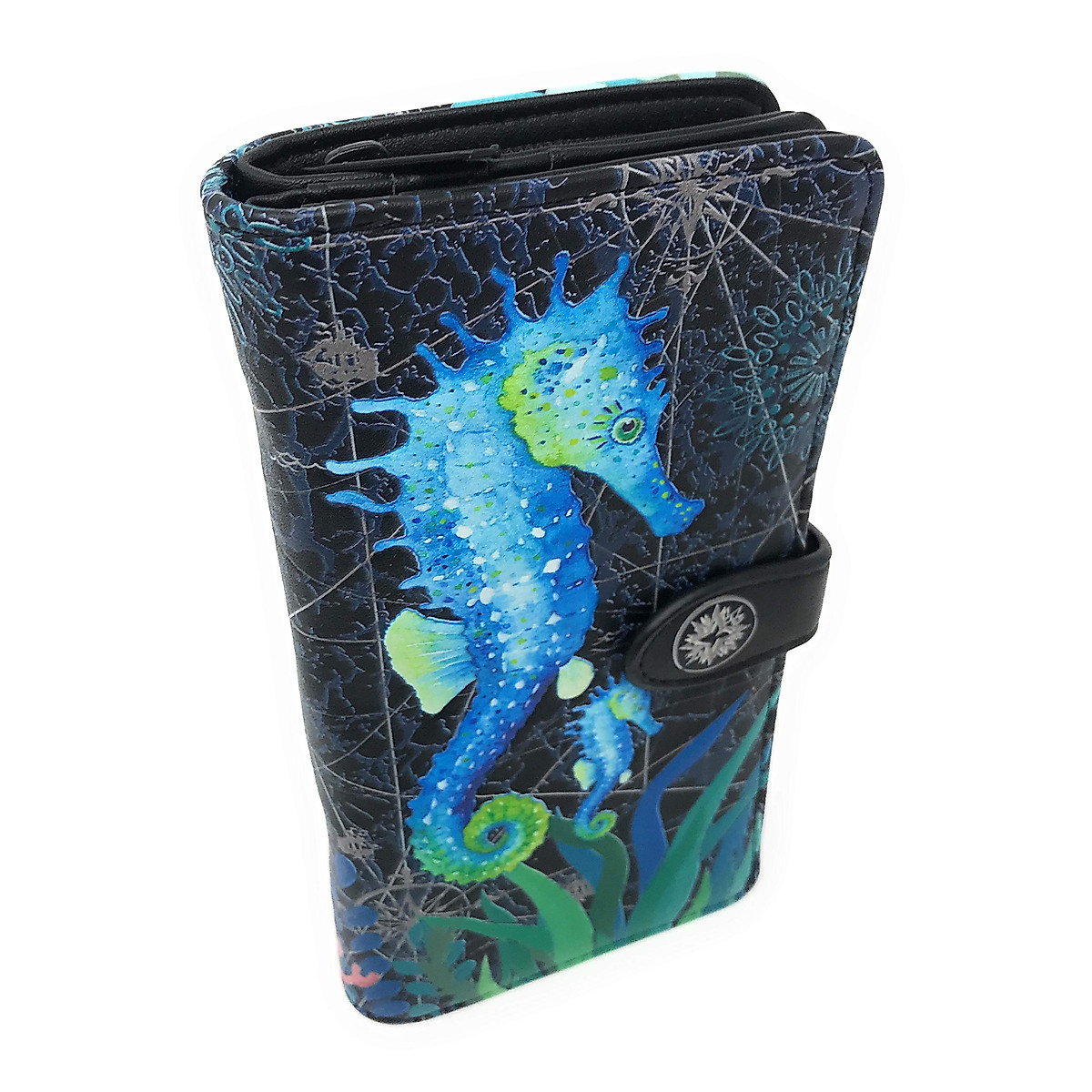 Shag Wear Sea Horse Large Wallet for Women and Teen Girls Vegan Faux Leather Black 7"