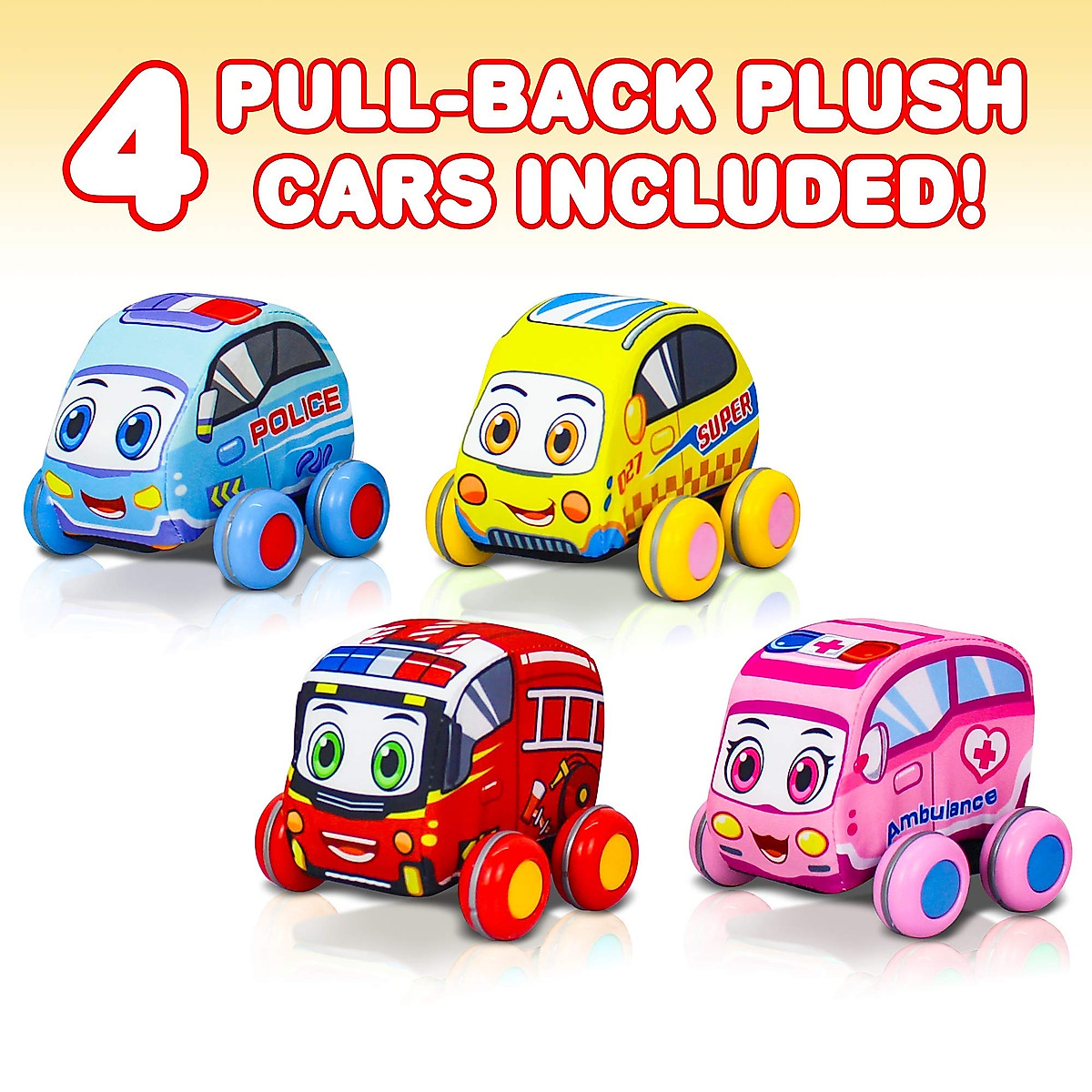 ArtCreativity Pullback Plush Car Set, Set of 4, Soft-Sided Stuffed Cars with Pullback Mechanism, Cute and Colorful for Babies and Toddlers, Best Birthday Gift for Little Boys and Girls