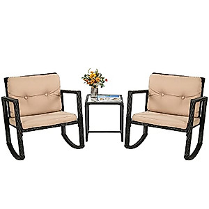 Wicker Patio Furniture Sets 3 Piece Outdoor Bistro Set Rocking Chair Patio Set Rattan Chair Conversation Sets for Backyard Porch Poolside with Coffee Table,Black
