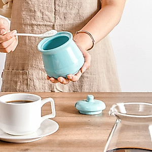 DOWAN Sugar Bowl with Lid and Spoon,12OZ Ceramic Sugar Holder for Coffee Bar, Countertop, Sugar and Creamer Bowl, Kitchen Accessories and Decor, Teal