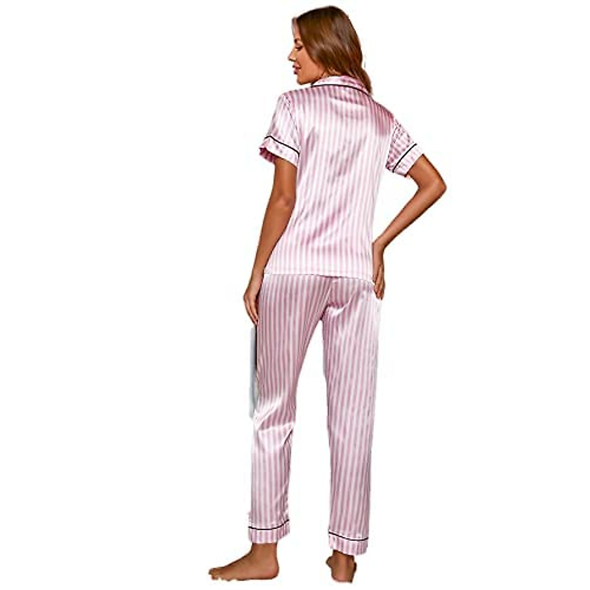 Floerns Women's Printed Two Piece Short Sleeve Sleepwear Long Pants Pajamas Sets Pink White Striped M