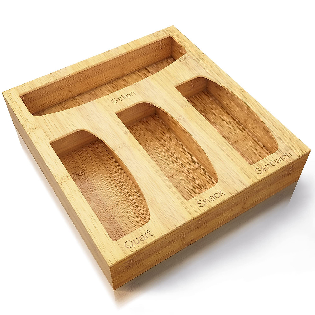 Bamboo Ziplock Bag Storage Organizer w/ 4 Compartments - Baggie Organizer for Kitchen Drawer - Compatible Gallon, Snack, Sandwich, Quart Size Ziplock Bags - Wall Hang, Ziplock Organizer for Drawer