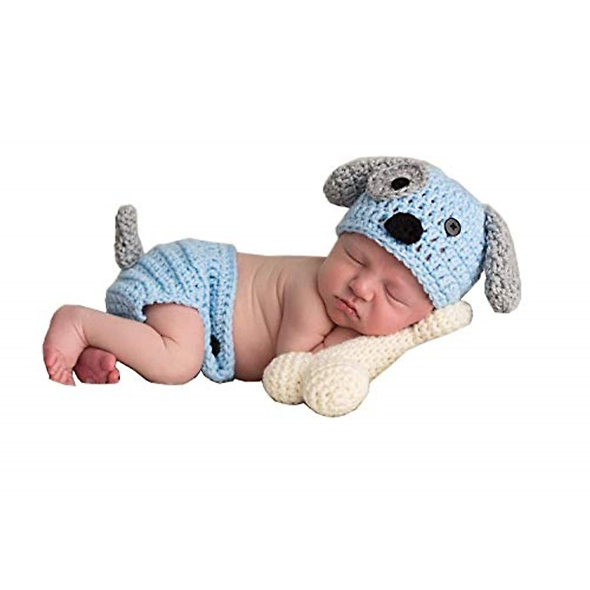 Newborn Baby Girl Boy Photo Props Outfits Crochet Knitted Blue Dog Hat Shorts with Bone Set for Boys Girls Photography Shoot (0-6 Months)
