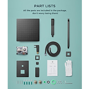 FORIOUS Shower Faucet Set Black -12 Inch Shower System with Solid Brass Pressure Balanced Valve, Rainfall Shower Head and Handle Set, Wall Mounted Shower Fixtures Combo Matte Black