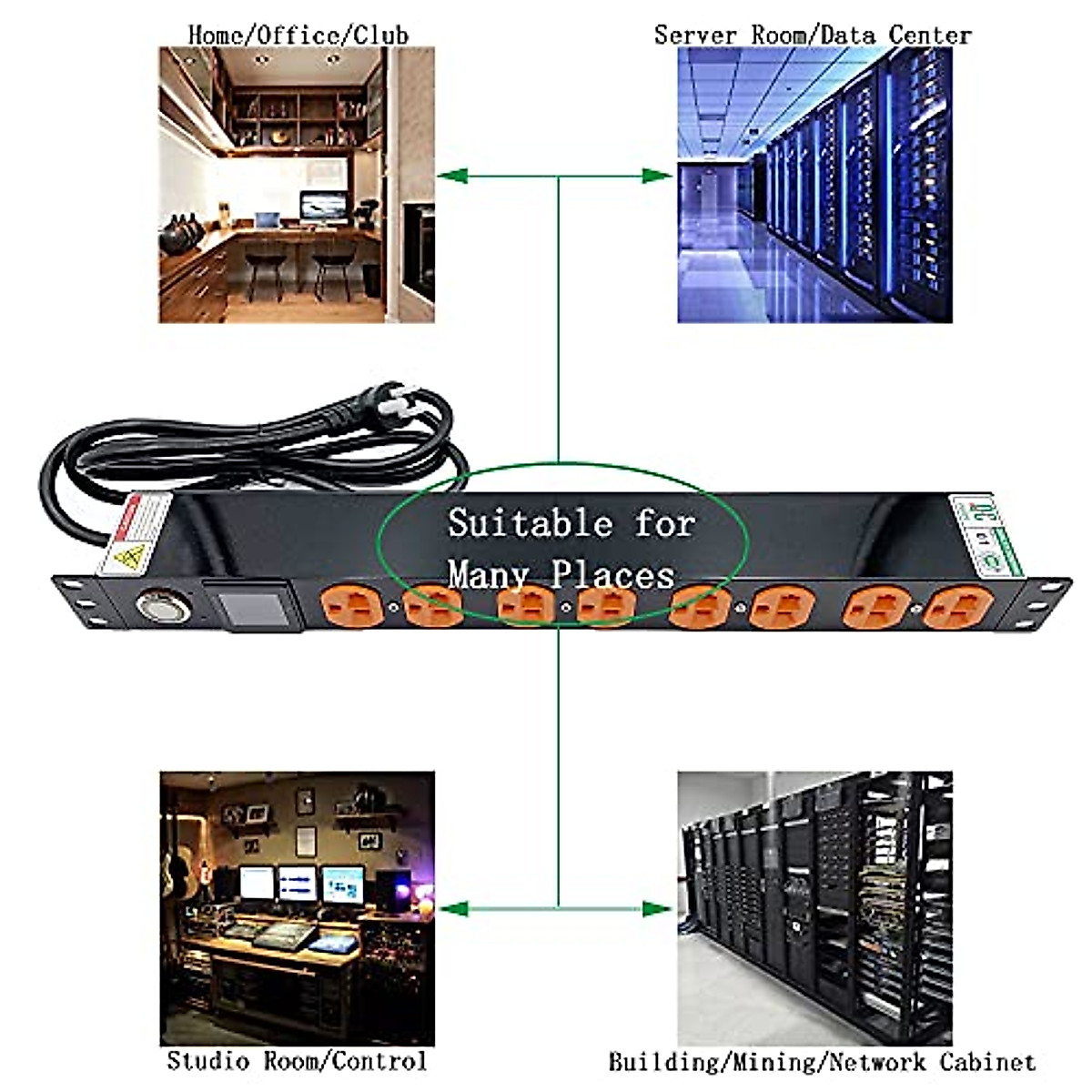 Rack Mount Power Strips 19'' 1U Switched PDU Surge Protection Metered PDU 8 Outlet with High-Precision Measuring Instruments 100-250V 20A with 6ft Heavy Duty Extension Cord (Orange)