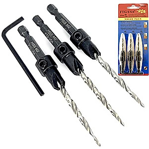 FTG USA Countersink Drill Bit Set 3 Pc #8 (11/64") Wood Countersink Drill Bit Pack Same Size Set Countersink HSS M2 Tapered Countersink Bit, with 1 Hex Wrench, Woodworking Countersink Drill Bits