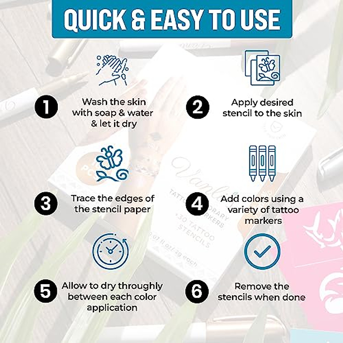 Vanli's Metallic 10 Temporary Tattoo Markers, Temporary Tattoo Pens with 30 Tattoo Stencils. Stocking Stuffers For Kids, Boys, Girls, Women.