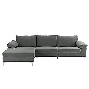 Casa Andrea Milano llc Modern Large Velvet Fabric Sectional Sofa L Shape Couch with Extra Wide Chaise Lounge, Grey