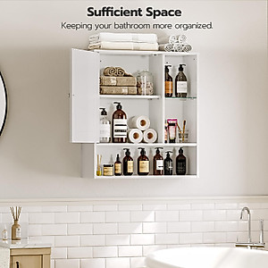 HOOBRO Medicine Cabinet with Mirror, Bathroom Wall Mounted Cabinet with Hidden Space and 2 Adjustable Shelves, Single Mirrored Door, for Bathroom, Bedroom, Living Room, Kitchen, White WT55CW01