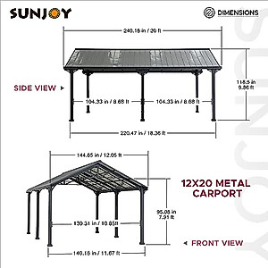 Sunjoy Carport 12 ft. x 20 ft. Outdoor Gazebo Heavy Duty Garage Car Shelter with Powder-Coated Steel Roof and Frame by AutoCove, Gray and Dark Gray