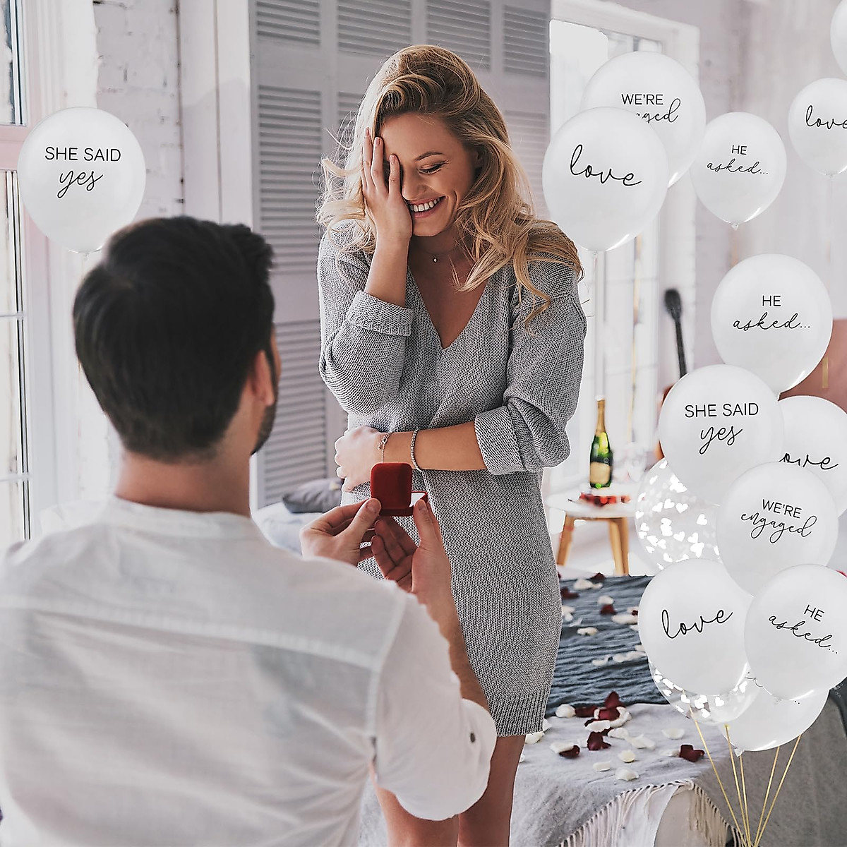 36Pcs Engagement Party Balloons HE ASKED,SHE SAID Yes WE'RE ENGAGED Balloons Love Shape Paper Scraps Balloons for Engagement Hen Bachelorette Wedding Party Decoration