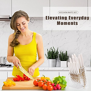 Kitchen Knife Set Non Stick Knives Set with Block Cutlery Knife Block Sets, Serrated Steak Knife, Scissors and Sharpener, 15Pcs Stainless Steel Chef Sharp Quality with Gold Blade for Home & Pro Use