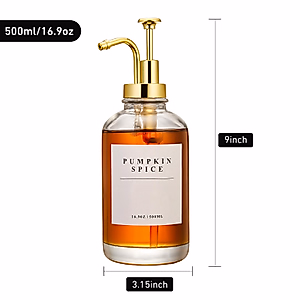 Coffee Syrup Dispenser for Coffee Bar, Coffee Syrup Pump Dispenser, Glass Syrup Bottle with Gold Upgraded Pump, 2 Pack 16.9 oz 500 ml Syrup Dispensers, 28 Labels and Bamboo Tray