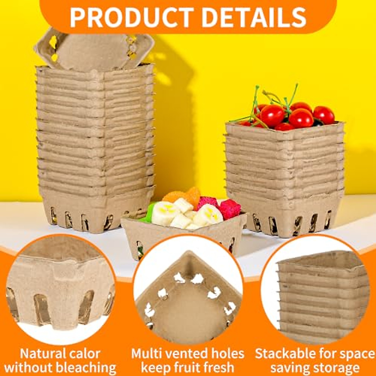 Tobeelec 100 Pcs Pulp Fiber Berry Basket, Products Berry Baskets, Molded Pulp Fiber Vented Produce Basket for Packaging Fruits and Veggies, Small Farmer Market Produce Basket Containers