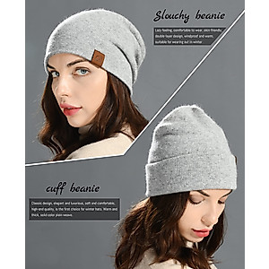 jaxmonoy Wool Cashmere Slouchy Knit Beanies Winter Hats for Women Men Soft Warm Double Layer Reversible Slouch Cuffed Skull Beanie Cap - Light Grey