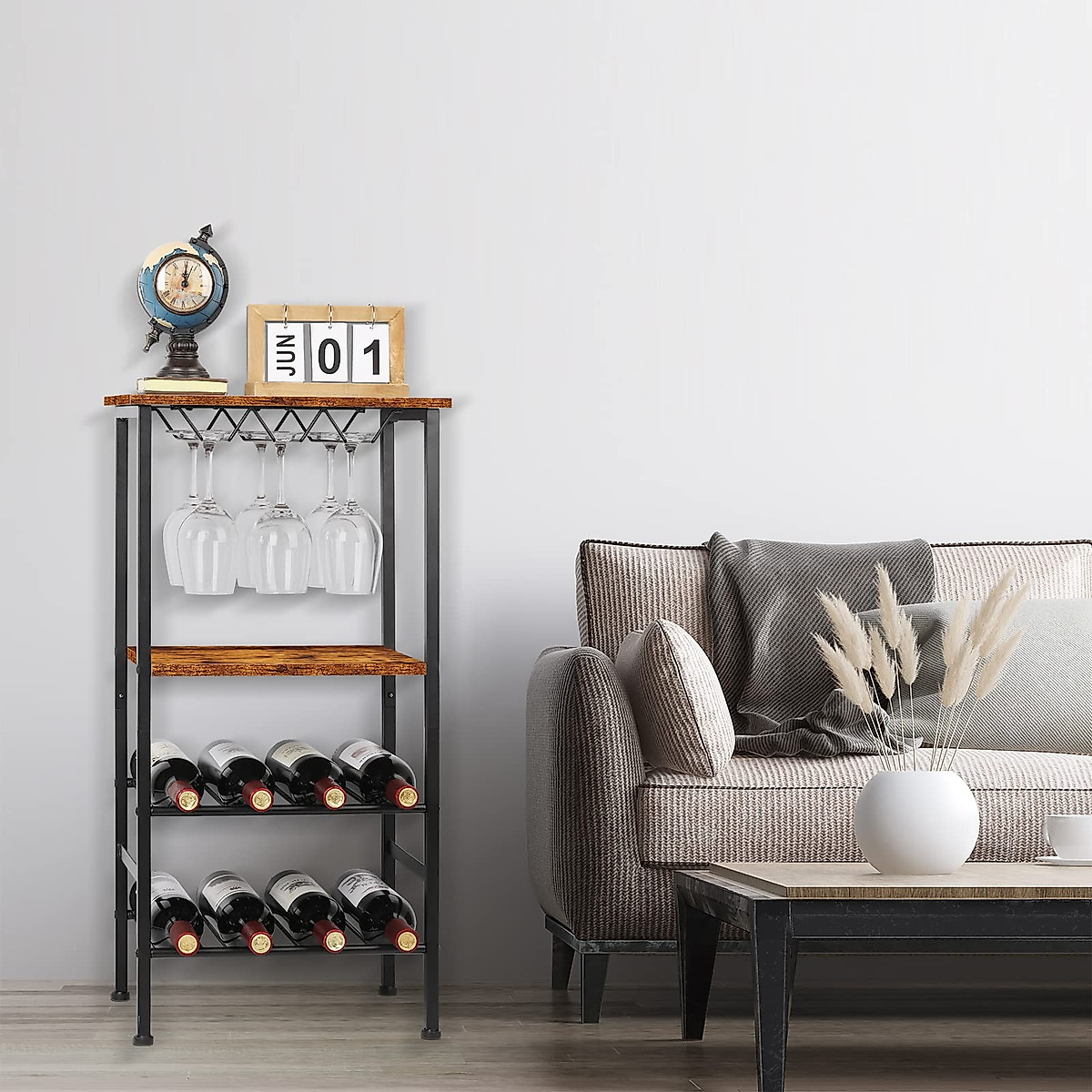 YBING Wine Rack Freestanding Floor Wine Bar Rack with Glass Holder and Tabletop 8 Bottle Wood Wine Tables with Racks 4 Tier Wine Bottle Organizer Display Storage Stand , Rustic Brown