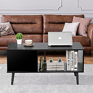 SUPER DEAL 2 Tier Modern Coffee Table with Storage for Living Room, 40 Inch Rectangle Wooden Accent Center Sofa Side Table for Indoor Bedroom Apartment Small Spaces, Black