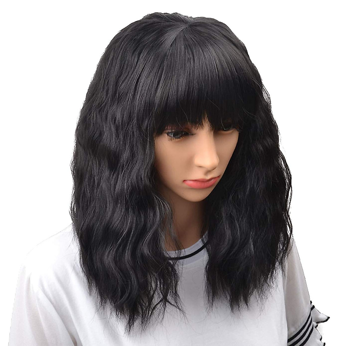 BERON Black Wig for Womens Short Curly Wavy Bob Hair Wigs with Bangs Movie Cosplay Costume Wig Heat Resistant Synthetic Wig Daily Party Use
