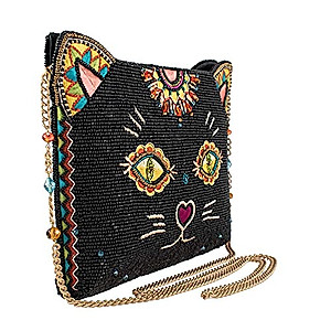 Mary Frances Purrsuasian Beaded Sugar Skull Cat Crossbody Clutch Handbag, Black