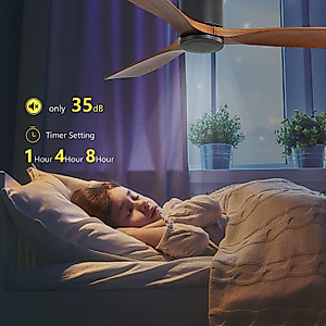 CACI Mall 52 Inch Ceiling Fan with Remote Control, Low Profile Flush Mount Ceiling Fan without Light, 3 Walnut Wood Ceiling Fan No Light, Noiseless Reversible ETL DC Motor with Timer