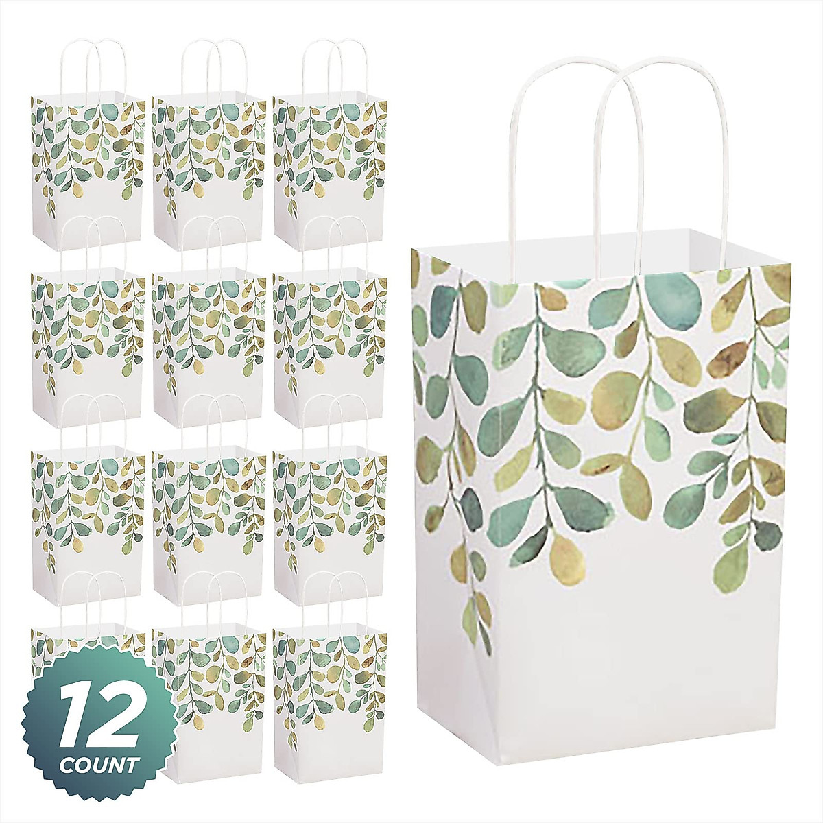 HOME & HOOPLA Spring Greenery Watercolor Green Leaf Paper Gift Bags and Party Favor Bags, 5.25"x3.5"x8.25" (12 Pack)