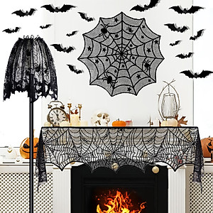 5 Pack Halloween Decorations Indoor Set Halloween Spider Web Tablecloth Round & Table Runners Fireplace Mantel Scarf Cobweb Lampshade Scary 3D Bats for Halloween Spooky Home Decor