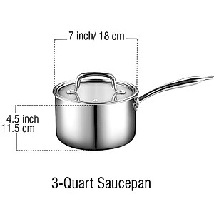 Cook N Home Stainless Steel Saucepan 3 Quart, Tri-Ply Full Clad Sauce Pan with Glass Lid, Silver