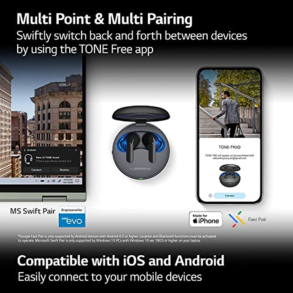 LG TONE Free True Wireless Bluetooth Earbuds T90 - Adaptive Active Noise Cancelling Earbuds with Dolby Atmos, Black, Small