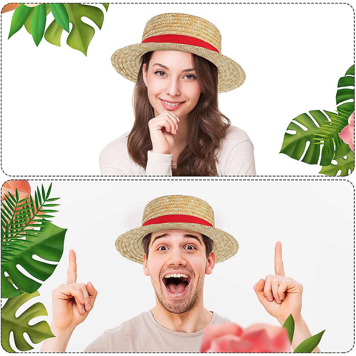 Geyoga Boater Hat, Straw Skimmer Hat, Wide Brim Boater Hat for Summer, 1920s Costume Accessories for Men and Women, Yellow