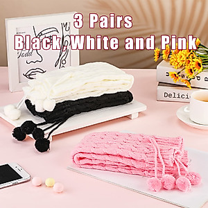 Eurzom 3 Pairs Kawaii Winter Knitted Leg Warmers Knee High Loose Socks Japanese Style Leg Warmers For Girls Women (White, Pink, Black, Wool Balls)