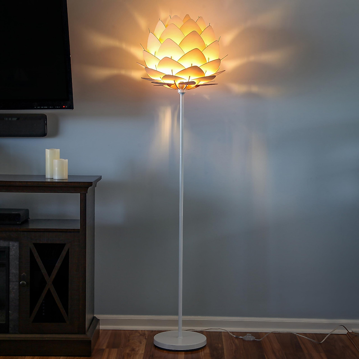 Brightech Artichoke LED Floor Lamp, Great Living Room Décor, Modern Lamp for Living Rooms & Offices, Bohemian Standing Lamp for Bedroom Reading, Tall Lamp with Multi-Panel Wooden Shade