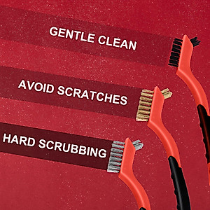 MAXMAN Wire Brush Set 3-Pack, Small Wire Brushes for Cleaning, Rust Remover, Dirt Cleaner, Metal Brush, Paint Scrubbing, 7" Deep Clean Detailing Tools, Brass/Stainless Steel/Nylon Bristles, Red.