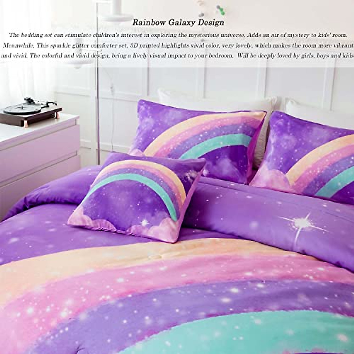 ANGIYUIN Purple Twin Bed in A Bag, 6 Pieces Rainbow Gradient Glitter Bedding Sets for Girls, 3D Galaxy Nebula Kids Comforter Set with Comforter Sheets Pillowcases for All Season