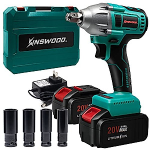 KINSWOOD 20V Cordless Impact Wrench 1/2 inch, Powerful Brushless Motor, Max 320 Torque ft-lbs, 3.0A Li-ion Battery, 4Pcs Driver Impact Sockets, Fast Charger (2 Battery)