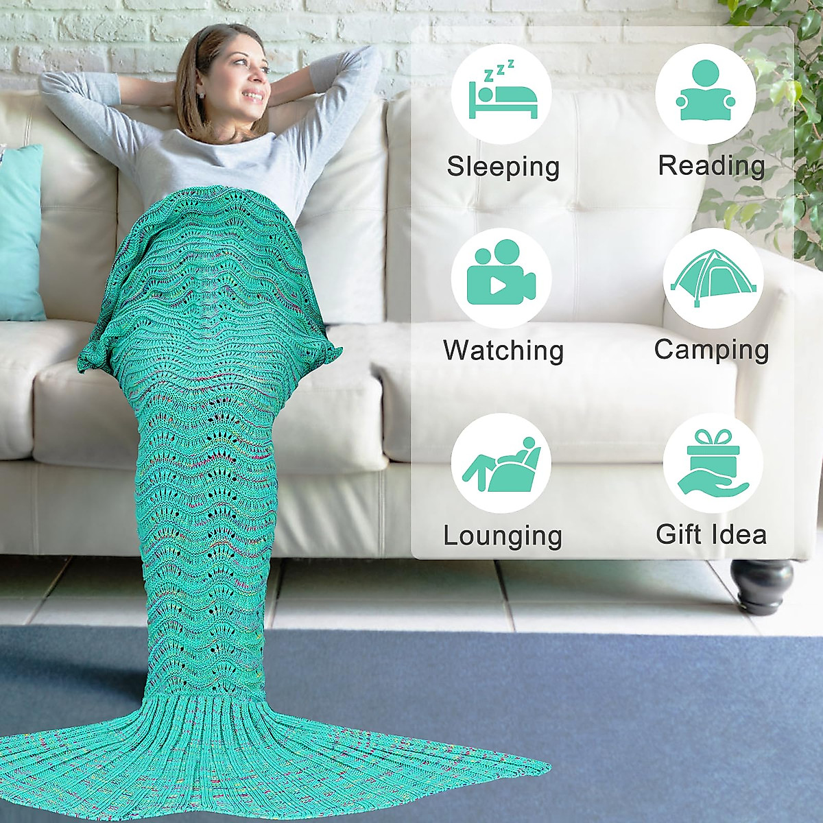 Mermaid Tail Blanket, 74''x 35'' Crochet Wearable Blankets Super Soft Mermaid Throw Blankets Mermaid Sleeping Bag Mermaid Costume for Cosplay Funny Halloween Blanket Christmas Blankets for Kids/Adult